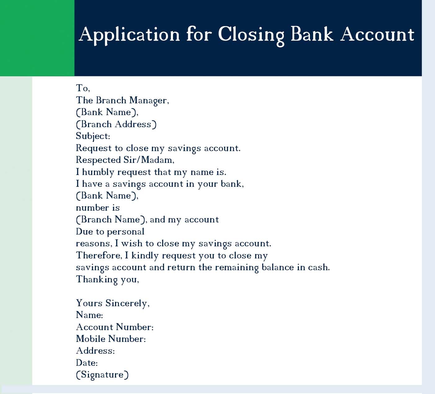 Application for Closing Bank Account