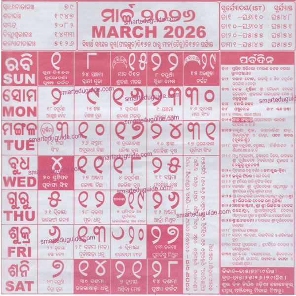 Odia Kohinoor March 2026 Calendar Panji