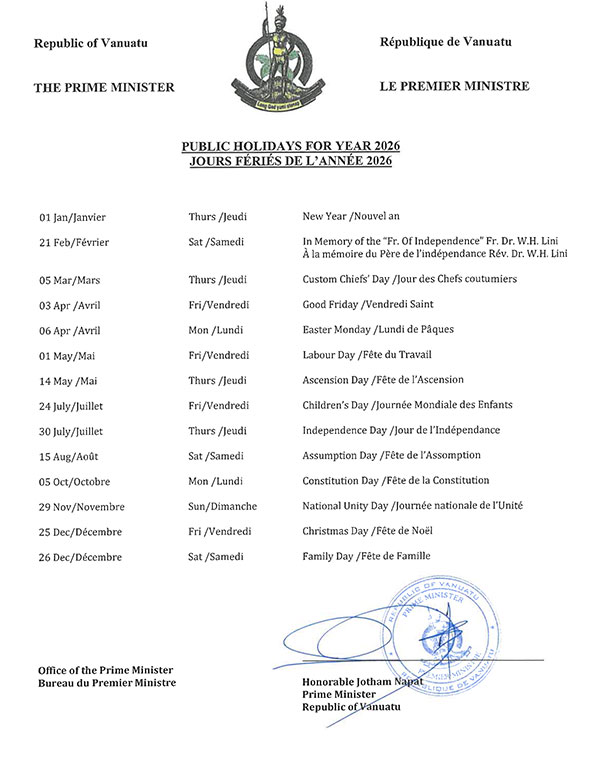 Vanuatu Public Holidays 2026