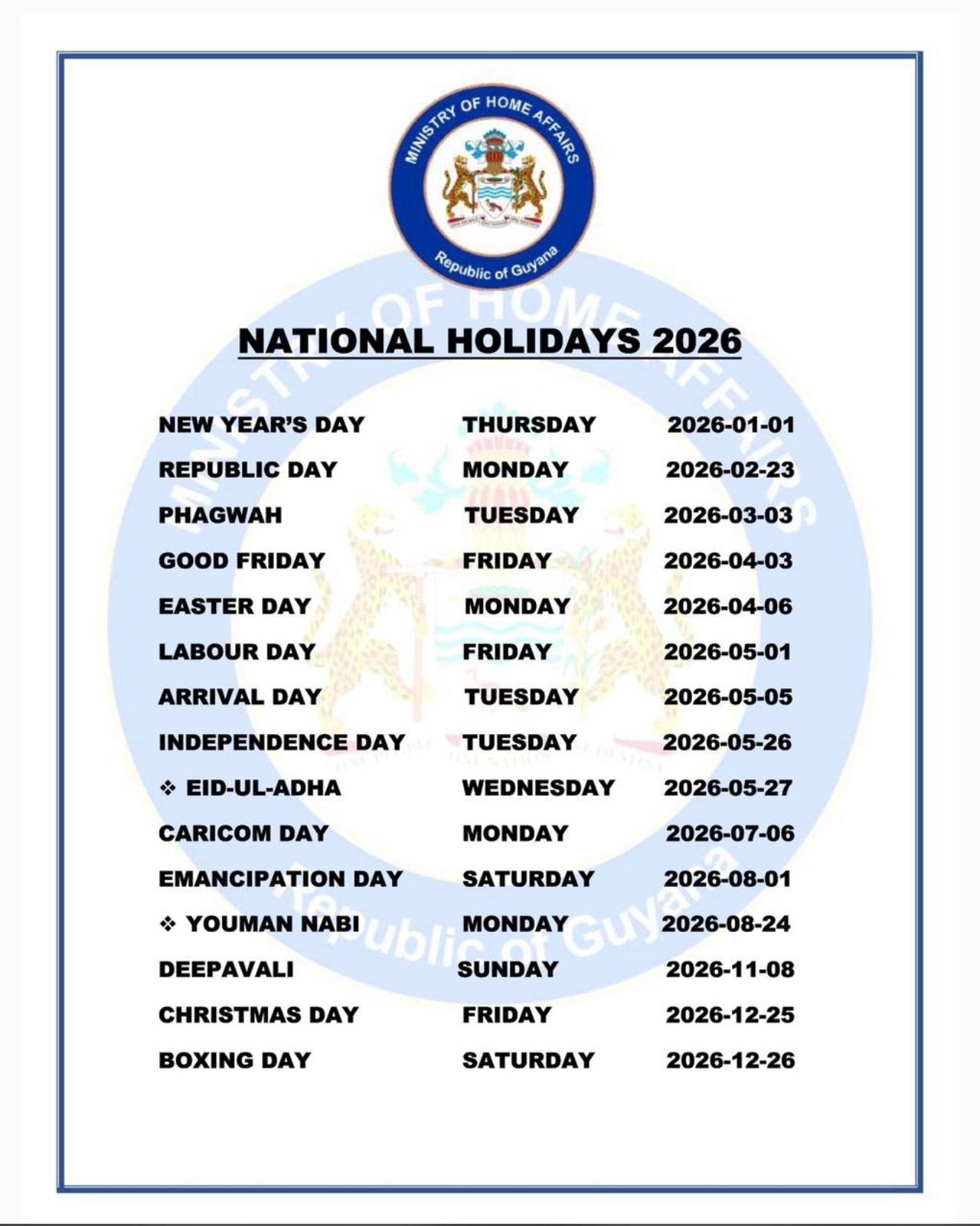 Guyana Holiday 2026