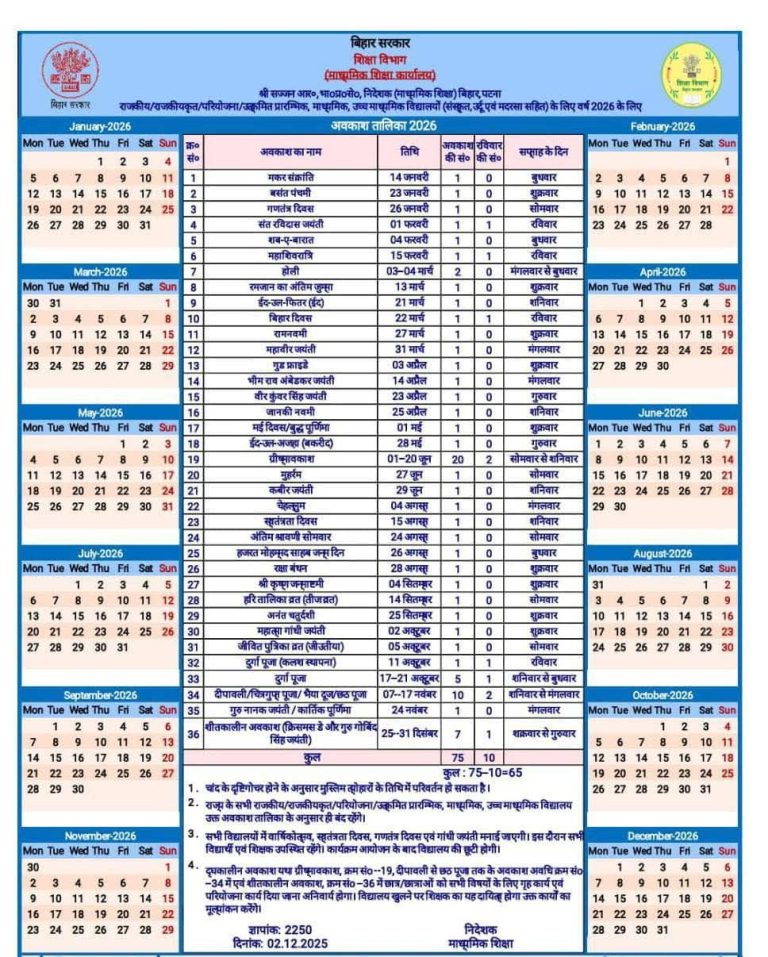 Bihar teacher's Holiday calendar 2026