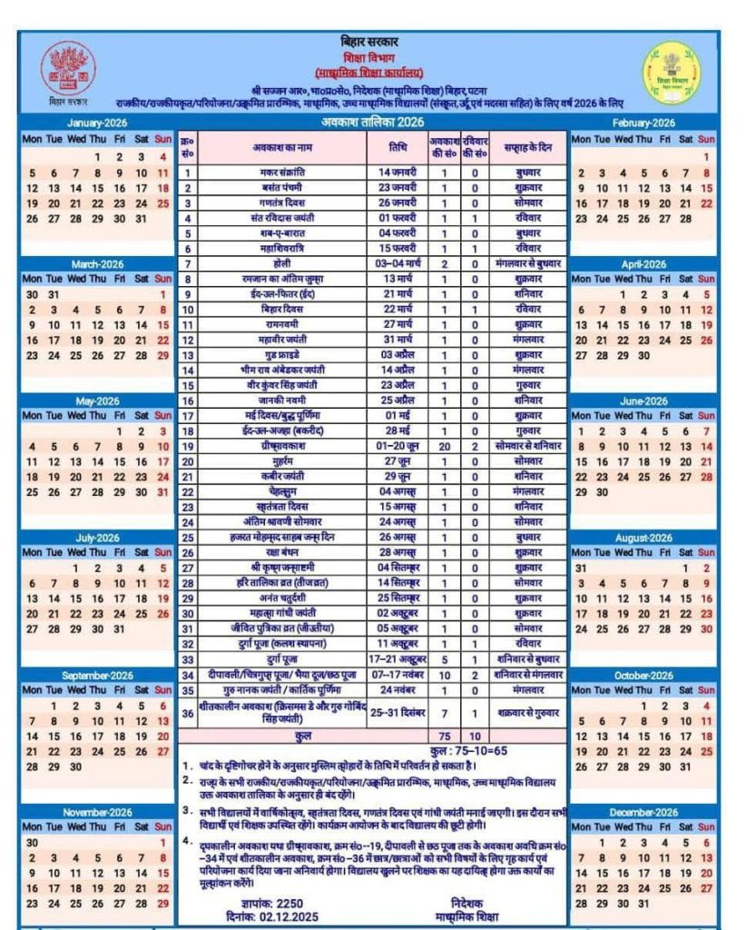 Bihar teacher's Holiday calendar 2026