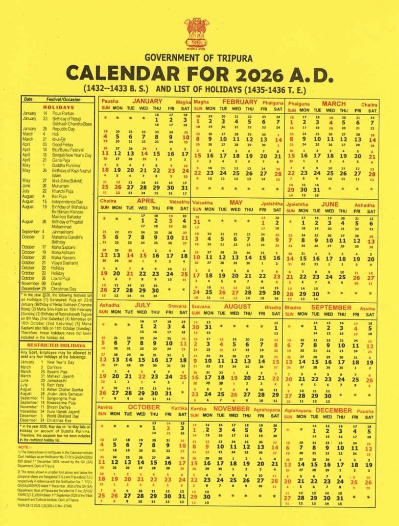 Govt of Tripura Holidays 2026