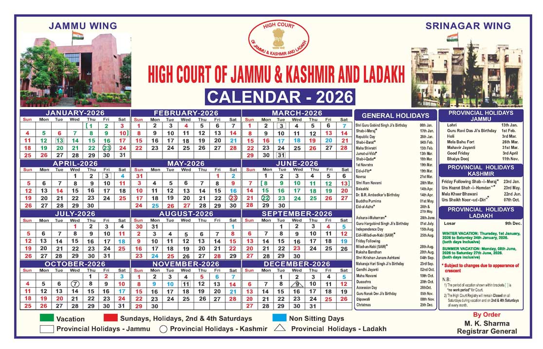 High Court Of Jammu & Kashmir and Ladakh Calendar 2026